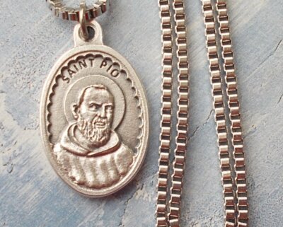 St Padre Pio Medal Pendant Necklace 24" Stainless Steel Box Chain w ...