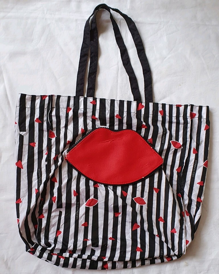 ڿڰۣ LULU GUINNESS Faux Leather LIPS & STRIPE Nylon FOLDAWAY SHOPPING ...