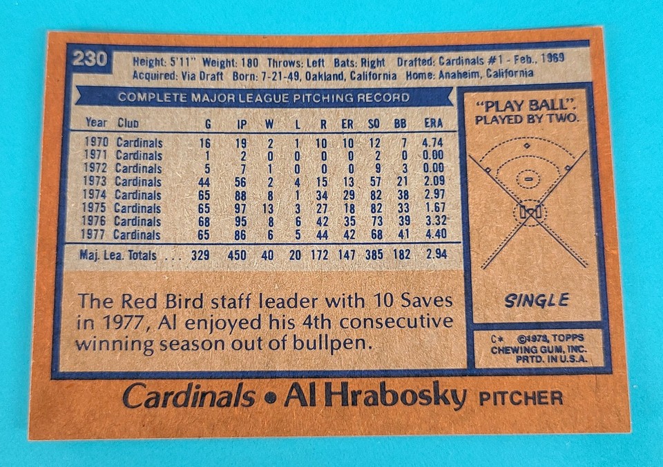 1978 Topps #230 Al Hrabosky St. Louis Cardinals BASEBALL Card V1 | eBay
