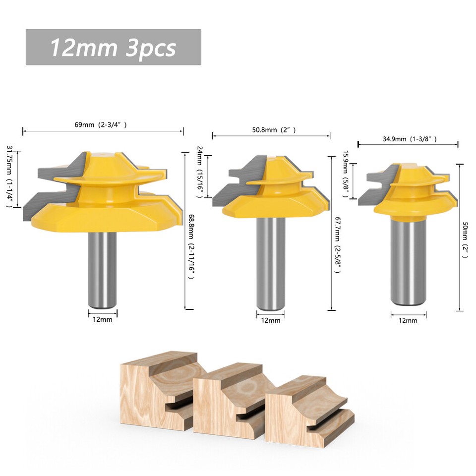 3pcs 12mm 1/2" Shank 45 Degree Lock Miter Bits Glue Joint Set Tenon ...