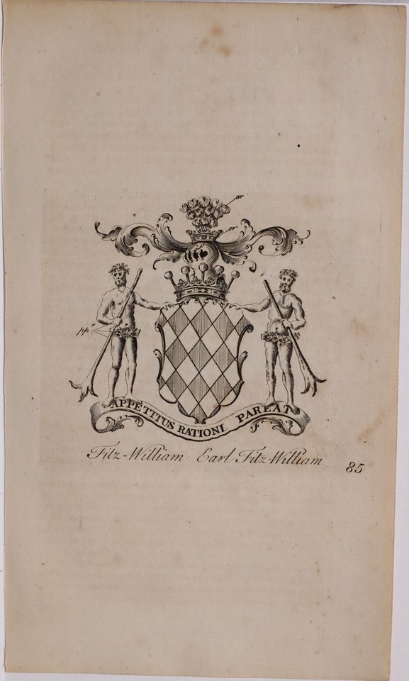 1779 ANTIQUE PRINT ~ FITZ WILLIAM ~ FAMILY CREST COAT OF ARMS EARL OF ...