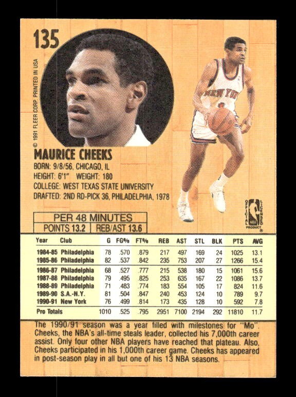 MAURICE CHEEKS SIGNED 1991-92 FLEER #135 NEW YORK KNICKS ON-CARD AUTO ...