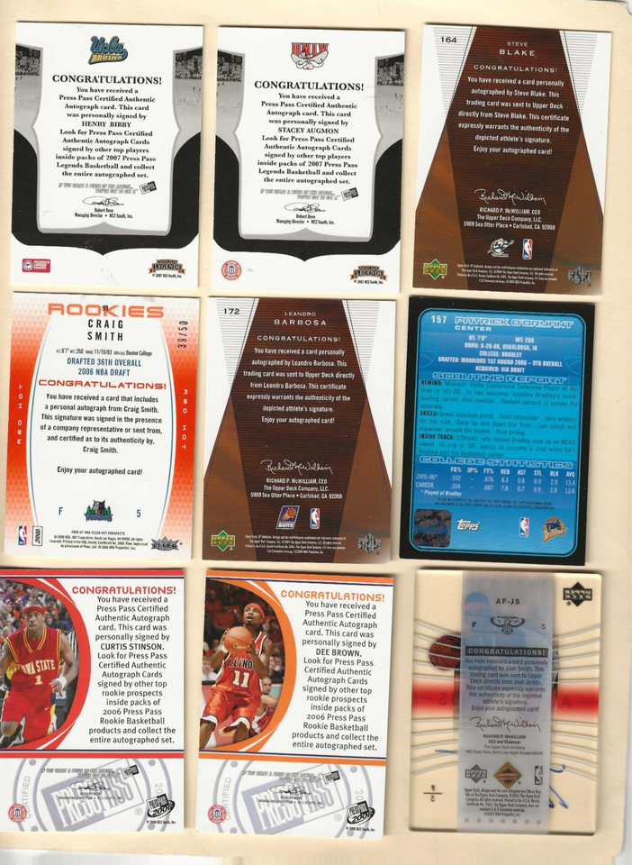 (9)Autograph Henry Bibby, Stacey Augmon,Blake,Smith,Barbosa,O'Bryant ...