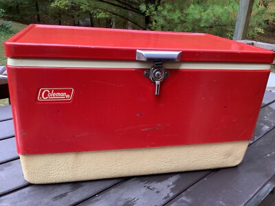 1970 RETRO RED Coleman Cooler Ice Chest Metal Belted 22.5 x 13.5 x 13 ...