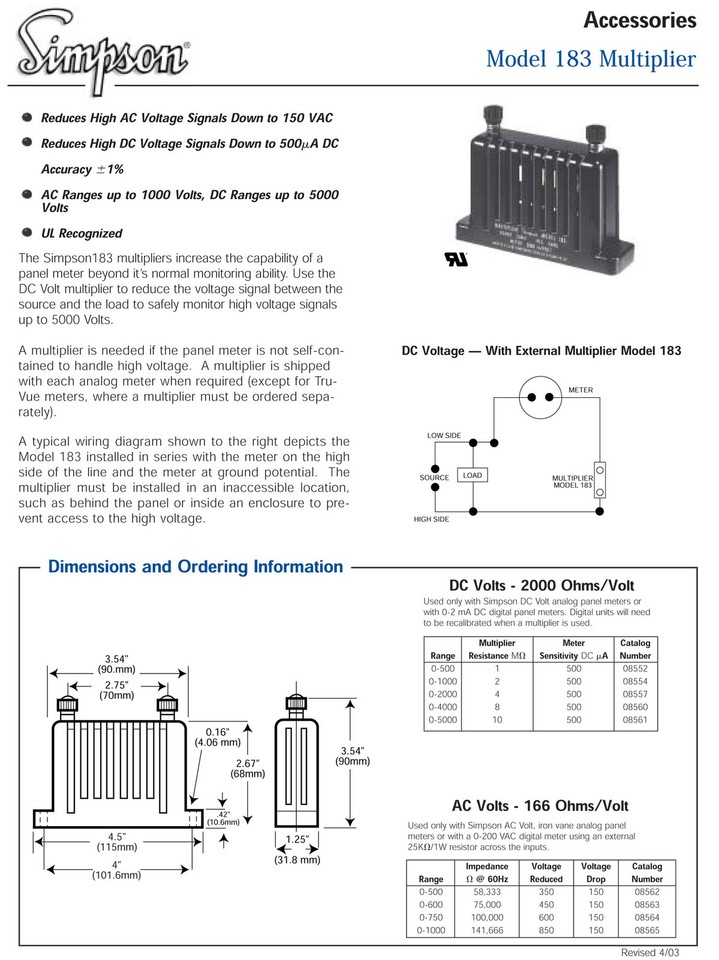 Simpson Model 183 Multiplier #08561 Range 5000V DC or 1000V AC See Spec ...