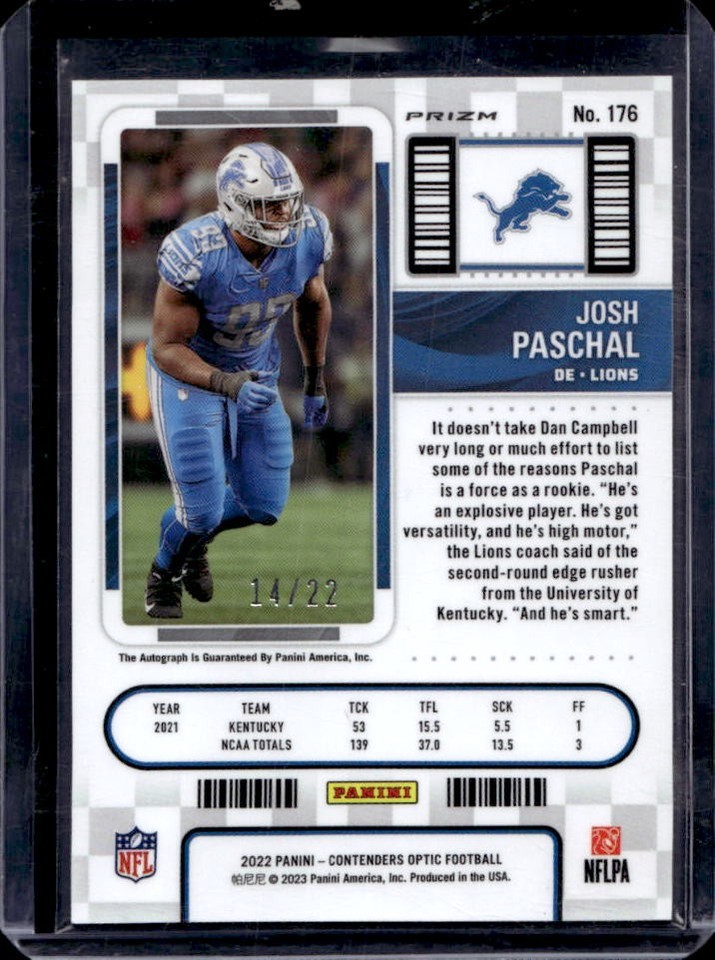 2022 Contenders Optic Josh Paschal RC Cracked Ice Auto Rookie Ticket ...