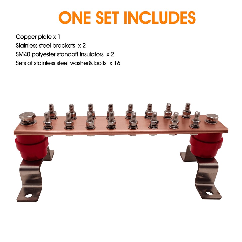 Wall Mount Copper Ground Bar Kit , 10" Ground Bar with 16 Terminal ...