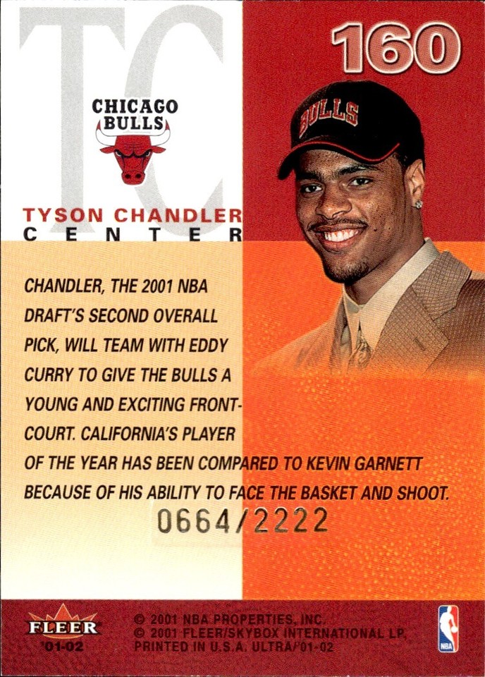 2001-02 Fleer Ultra Tyson Chandler Rookie 0664/2222 Chicago Bulls #160 ...
