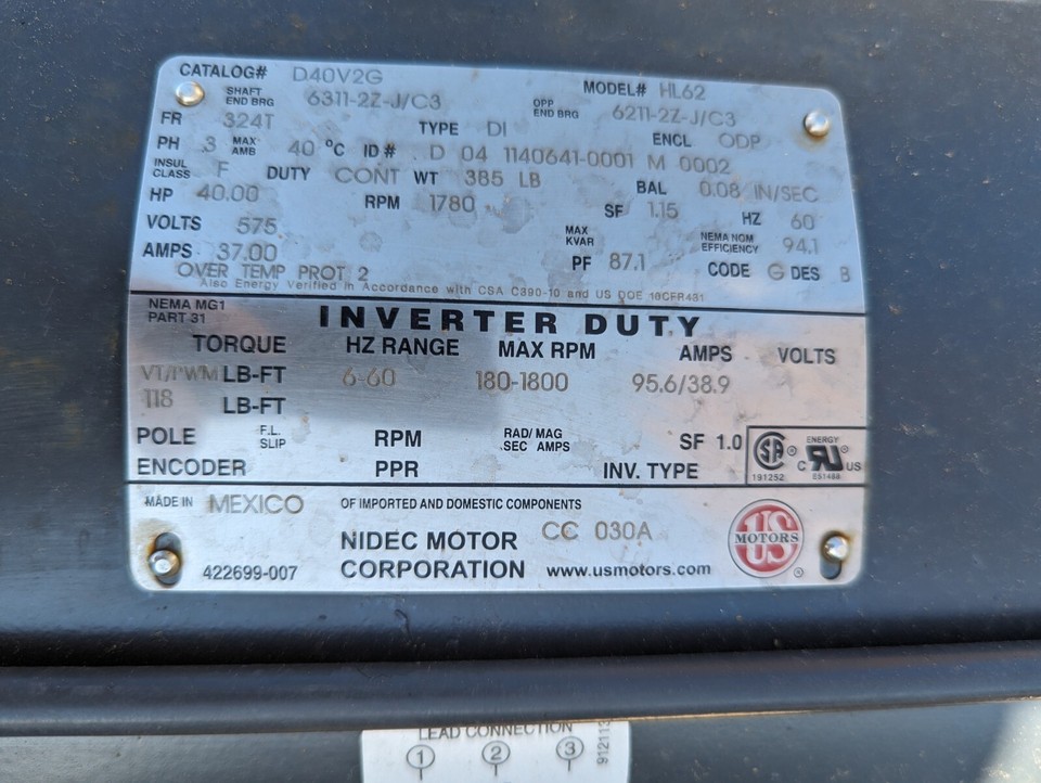 US Motors 40HP D40V2G 3ph Frame 324T Inverter Duty Motor | eBay