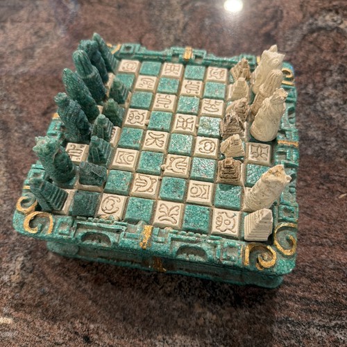 Vintage Mini Chess Set - Mayan Aztec Stone/Resin Green Tile Carved ...