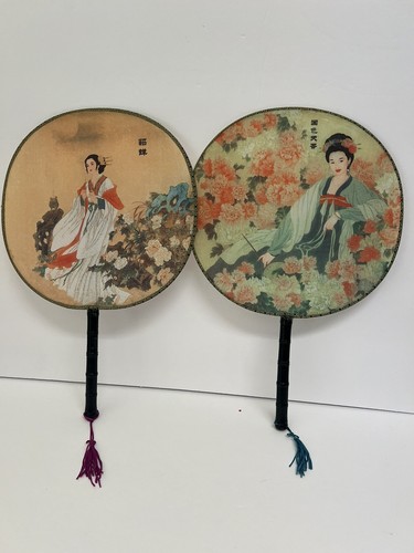 Set Of 2 Chinese Silk Round Paddle Fans, Hand Fan with Geisha Woman ...