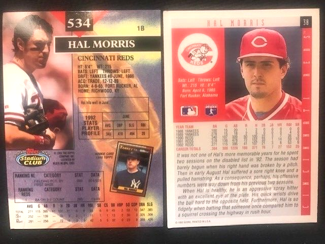 MLB - Hal Morris 1993 Topps Stadium Club & 1993 Score Baseball - Reds ...