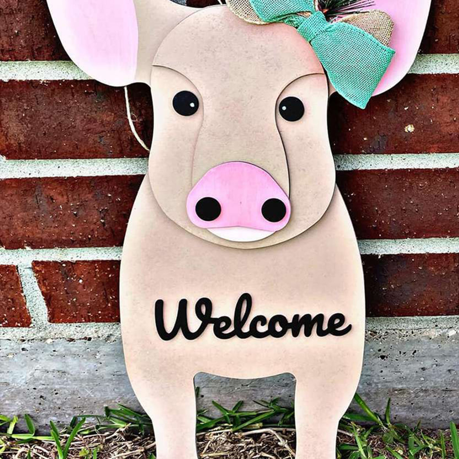 Door Sign Bowknot Decorate Welcome Pig Shape Wooden Sign Long Lasting ...