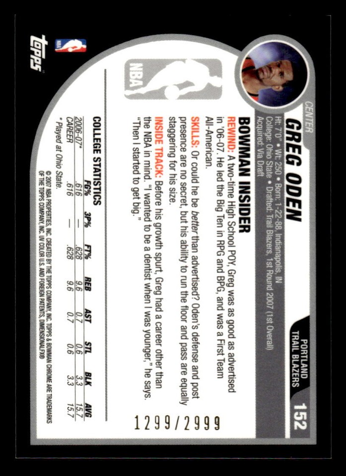 2007-08 Bowman Draft Picks & Stars #152 Greg Oden RC #d /2999 | eBay