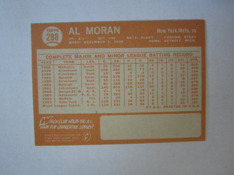 1964 Topps # 288 Al Moran Autograph Signed Card (M) New York Mets | eBay