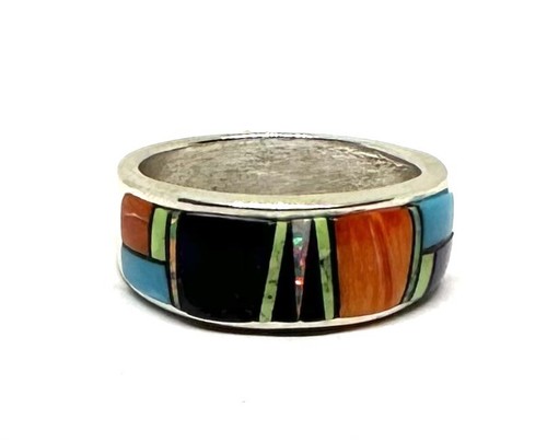 Native American Sterling Silver Navajo Handmade Multicolor Inlay Ring ...