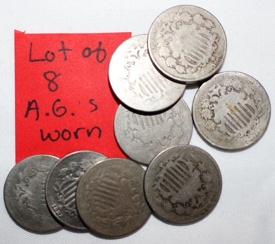 8 Coin Lot 1867-1886 Shield Nickels 5c US Type Coins Worn Unreadable ...