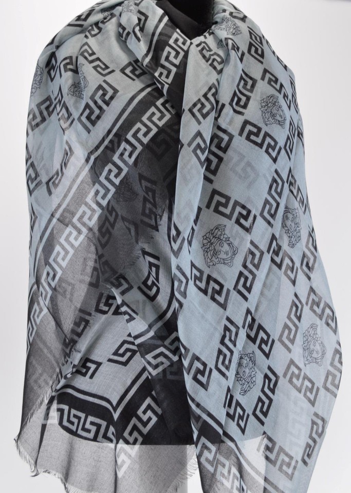 NEW Versace $425 Slate Blue Black Modal Silk MEDUSA HEAD Greek Key ...