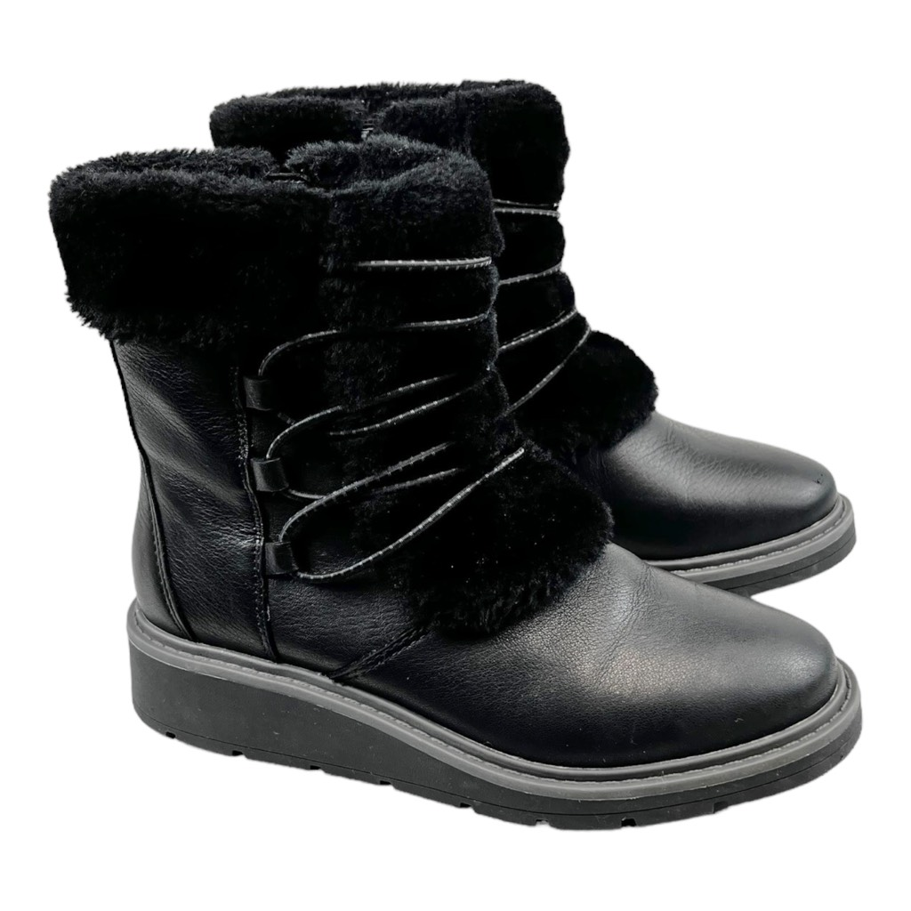 Clarks Womens Ivery Crystal Winter Boots Black Leather Faux Fur Ankle ...