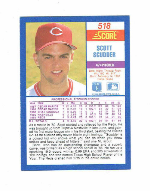 Scott Scudder Cincinnati Reds #47 Pitcher #518 Score 1990 Baseball Card ...