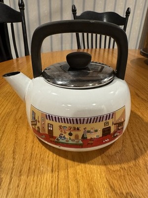 Vintage Villeroy & Boch Naif Enamel Tea Kettle Laplau Fire Side scene ...
