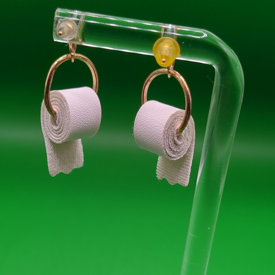 Toilet Paper Roll Dangle Drop Earrings, White Gold Faux Leather Metal ...