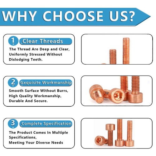 99% Copper Cap Head Screws M3 M4 M5 M6 M8 M10 M12 Hexagon Socket Allen ...