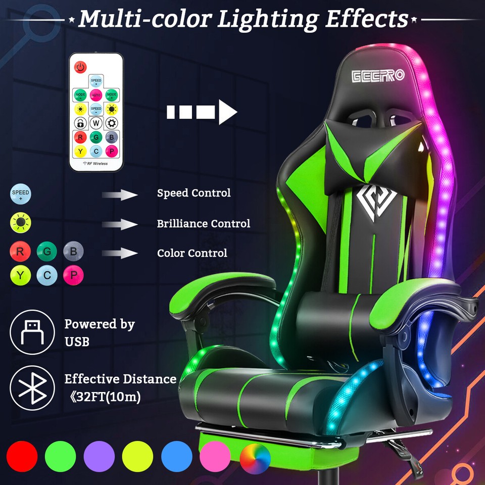 RGB LED Light Computer Gaming Chair Speakers Massage Footrest High Back ...