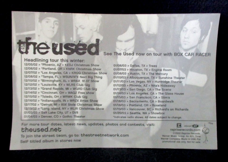 The Used (Debut Album) 2002-2003 Tour, Post Card (4"X6") Reprise PROMO ...
