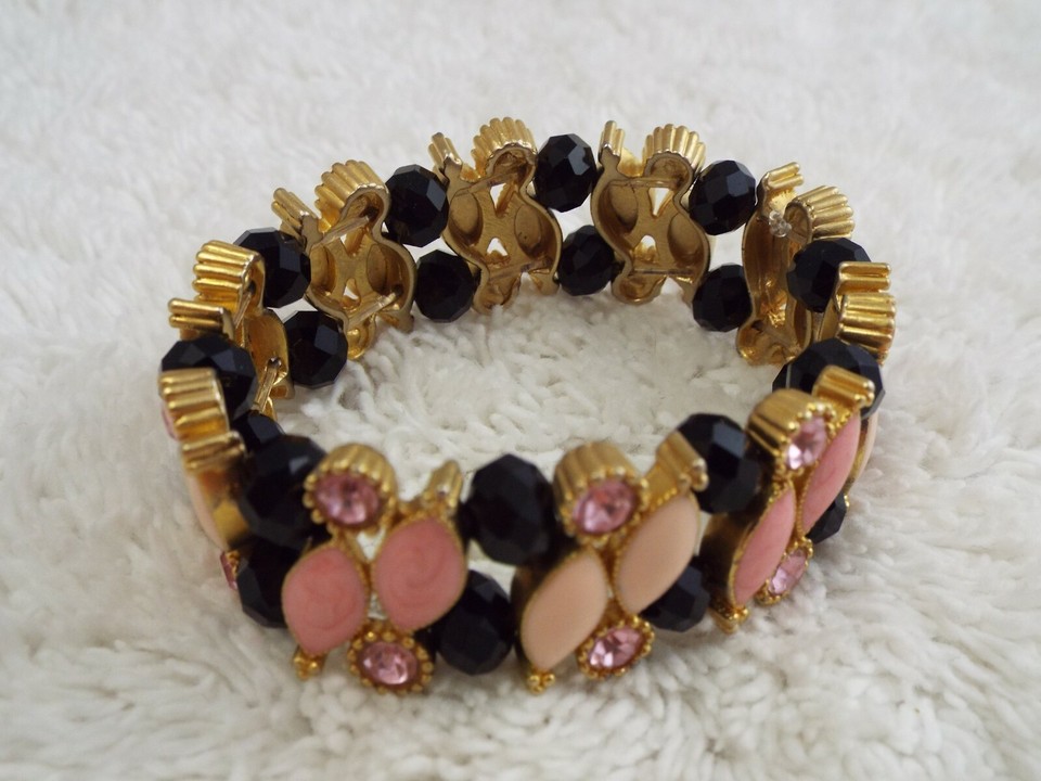 Goldtone Pink Rhinestone Black Crystal Bead Stretch Bracelet (A65) | eBay