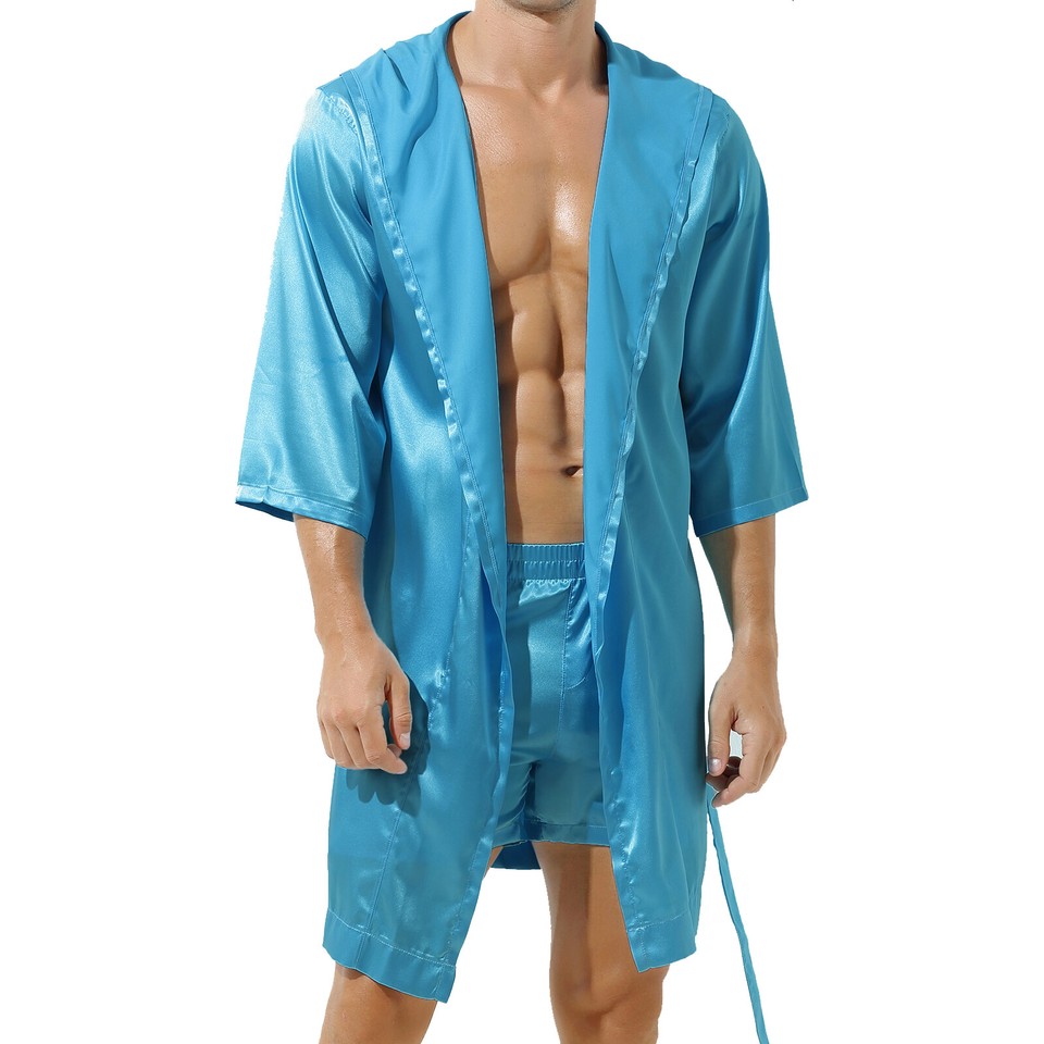 Men Satin Kimono Robes Classic Silky Bathrobe Open Front Hooded Robes ...