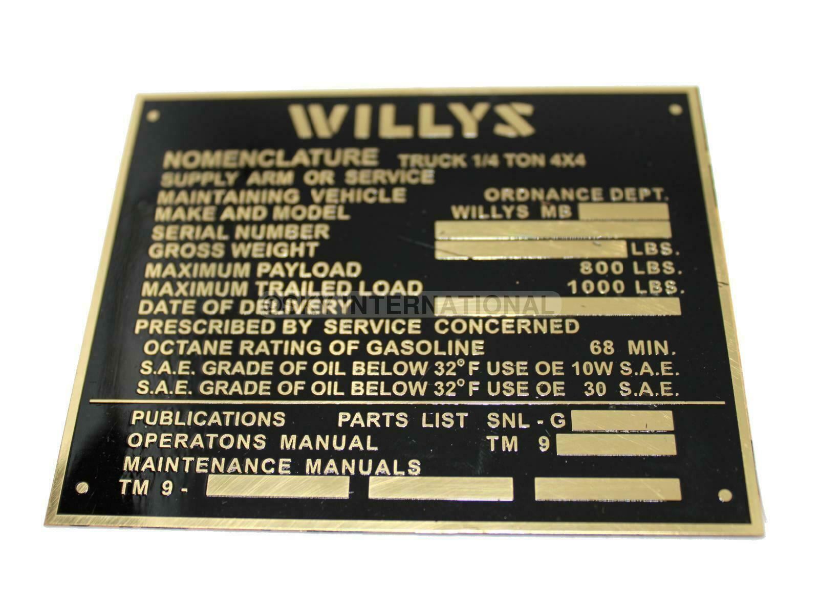 Set Of 3 Brass Data Plate Set For Vintage Jeep Willys CJ2A CJ3A Cj3 | eBay