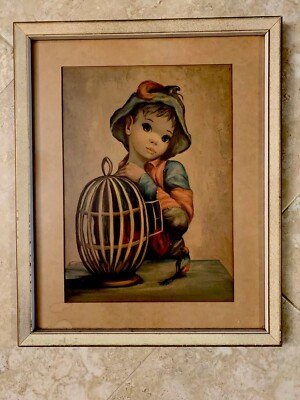 MCM Maio Art lithograph Print Big Eyes Harlequin Girl Bird & Cage 1950 ...