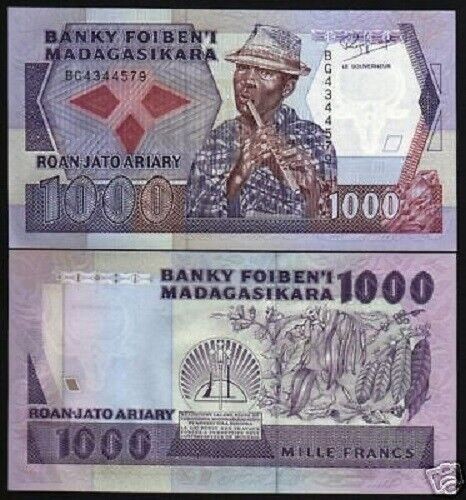 Madagascar 1000 FRANCS P-72 ND 1988 x 1 Pcs Flute UNC World Currency ...