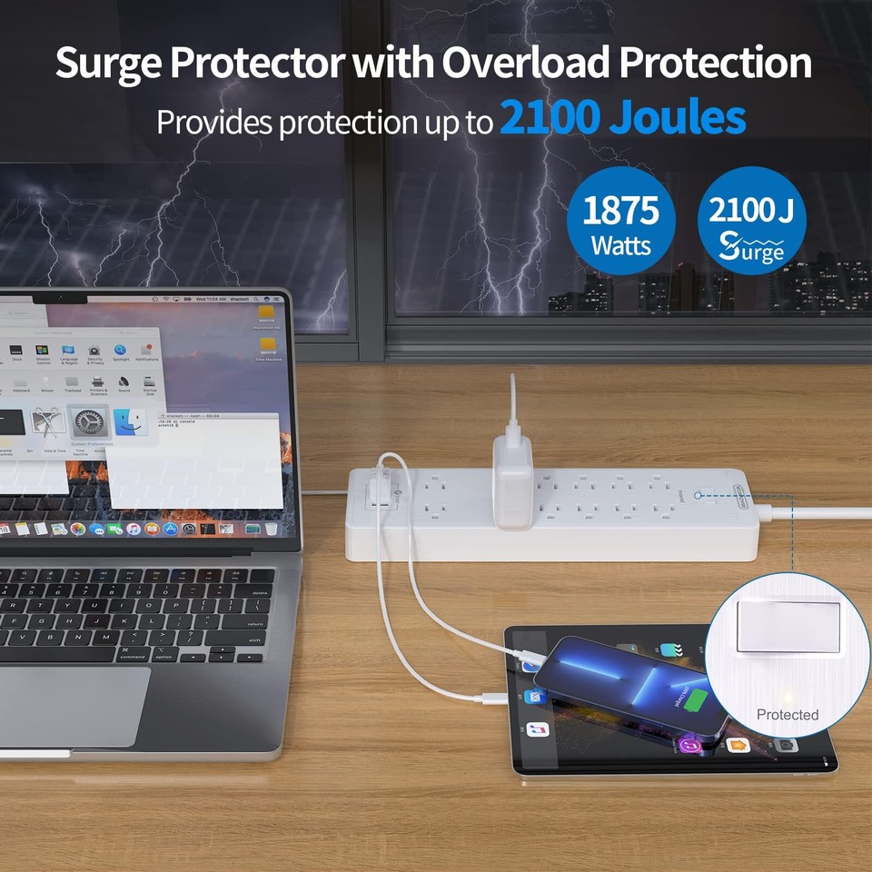 Extension Cord 25 Ft, Long Surge Protector Power Strip with 12 Outlet 3 ...