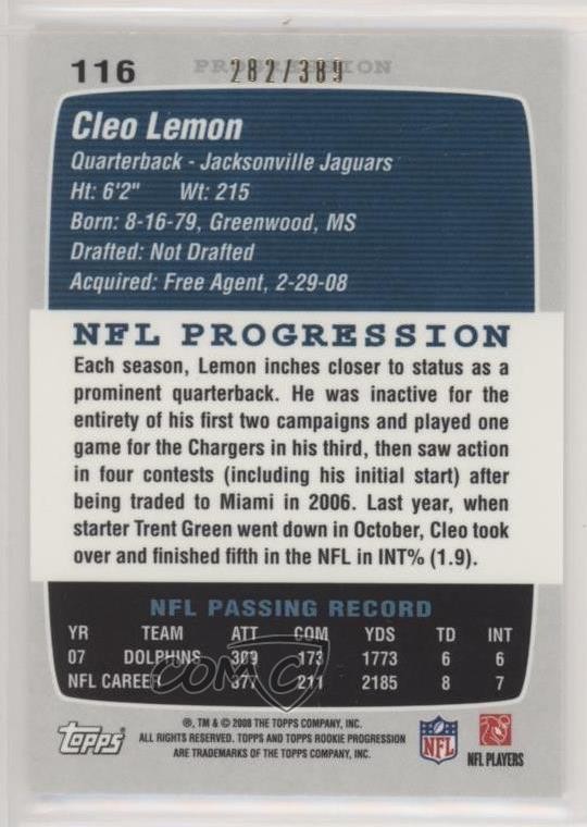 2008 Topps Rookie Progression Bronze /389 Cleo Lemon #116 | eBay