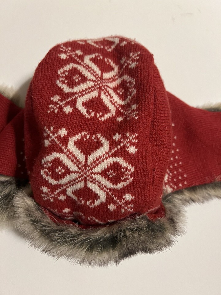 Trapper Hat Red/Cream Knit Faux Fur Ear Flap Hat with Pompoms | eBay