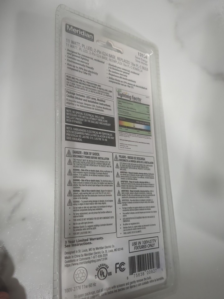 Meridian 13184 18W Equival Bright White 4000K PL LED Rep Light Bulb 11W ...