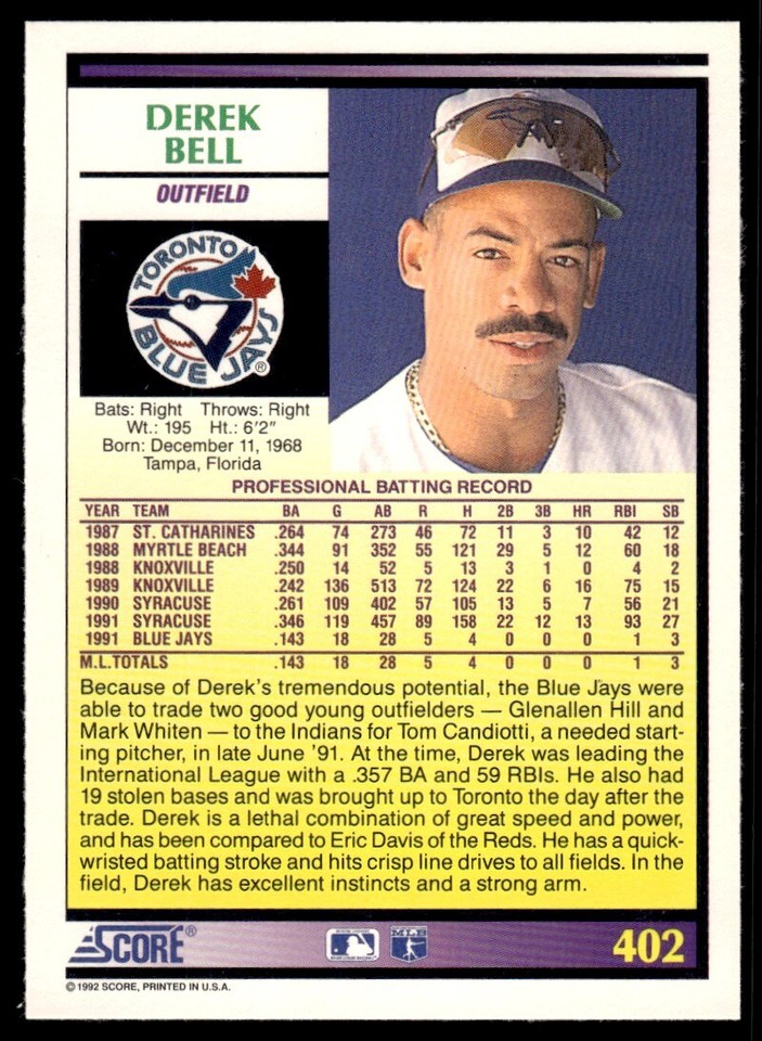 1992 Score Baseball Card Derek Bell Rookie Toronto Blue Jays #402 | eBay