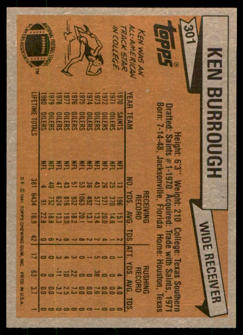 1981 TOPPS KEN BURROUGH; HOUSTON OILERS #301 | eBay