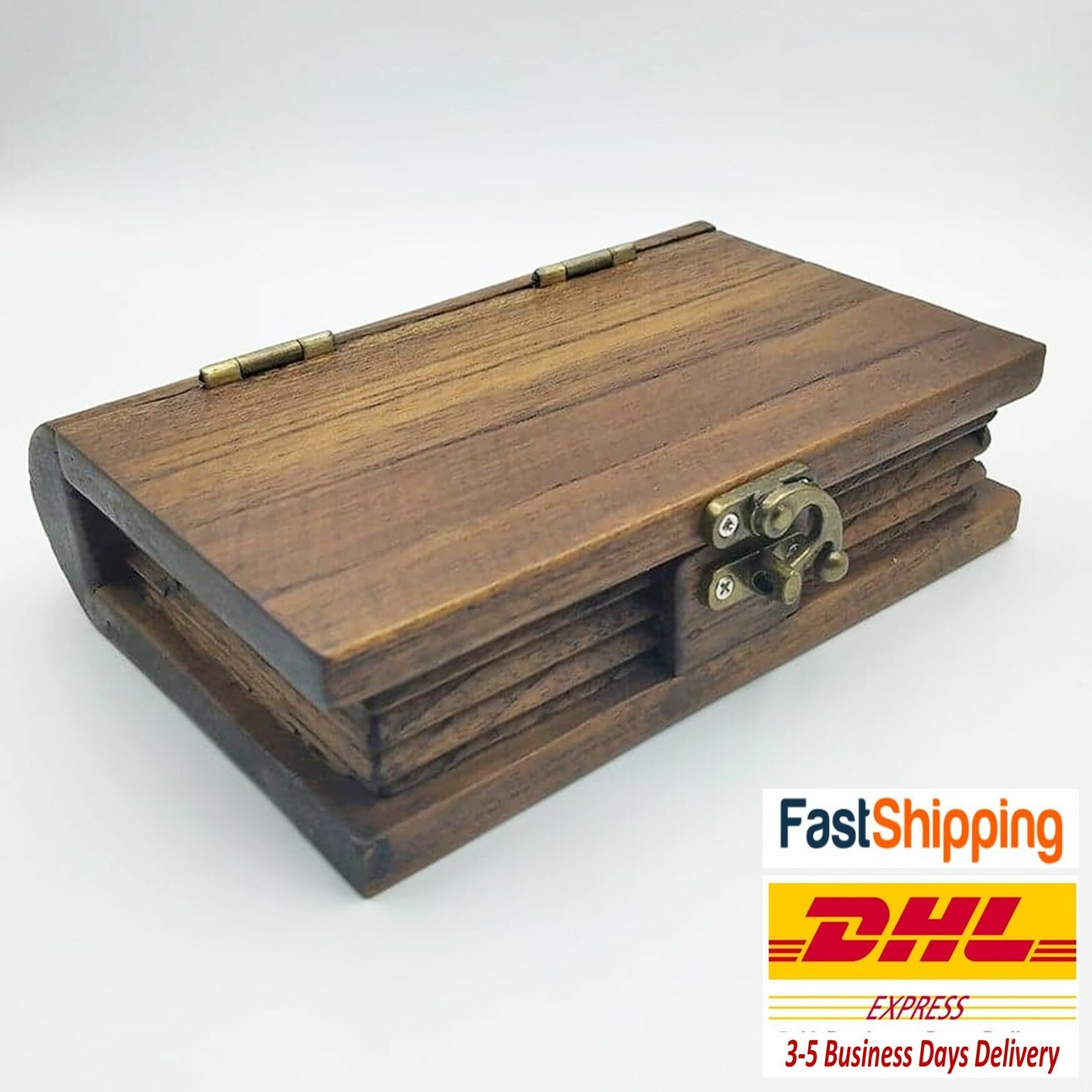 Antique Wooden Box Book Shaped Teak Wood Storage Handmade Trinket Craft ...