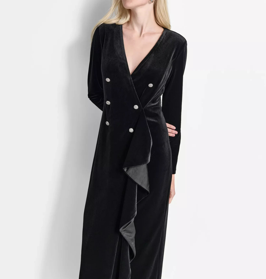 DKNY Velvet Button-Trim Long-Sleeve Blazer Gown MSRP $229 Size 14 # 10A ...
