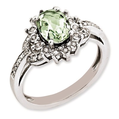 Sterling Silver RH-plated Diamond & Oval Checker-Cut Green Quartz Ring ...