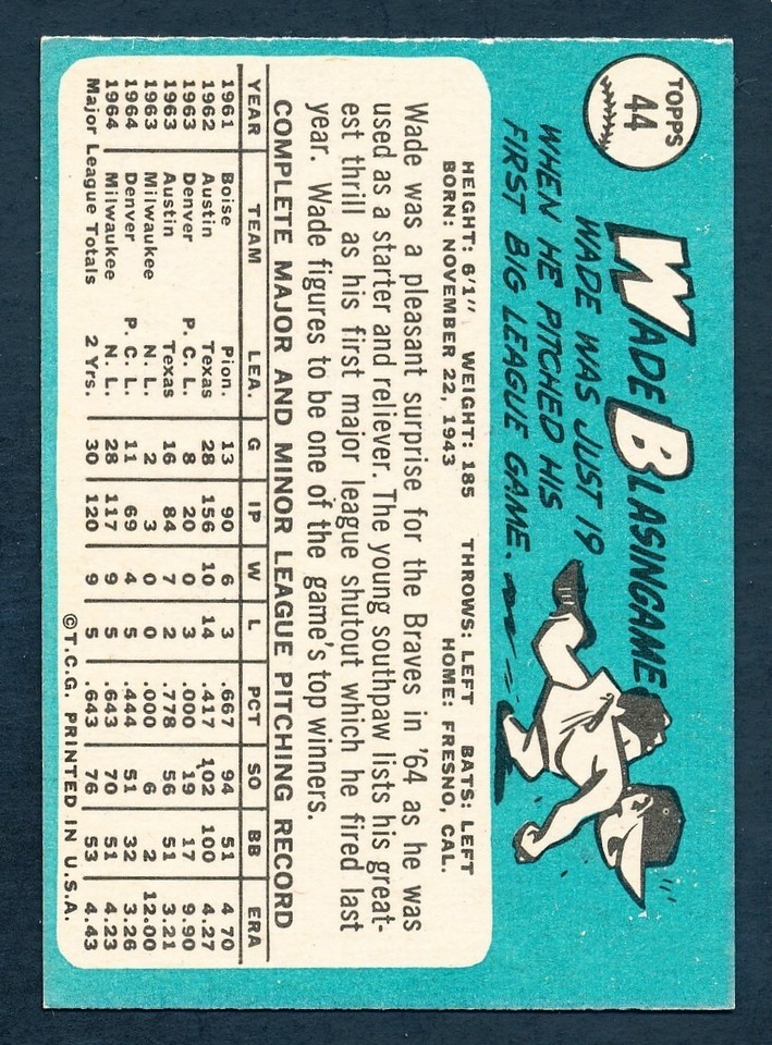 1965 TOPPS Baseball #44 WADE BLASINGAME RC NRMT | eBay