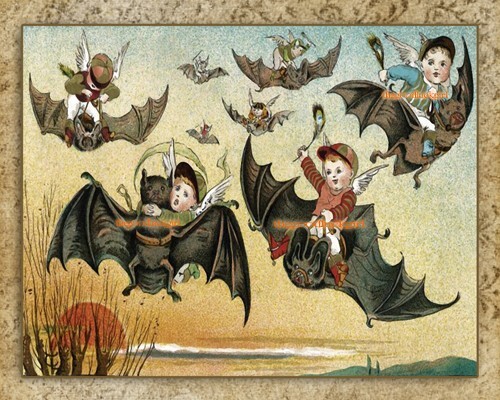 5x7 Vintage 1882 BOYS RIDING BATS Halloween Postcard Art Print | eBay