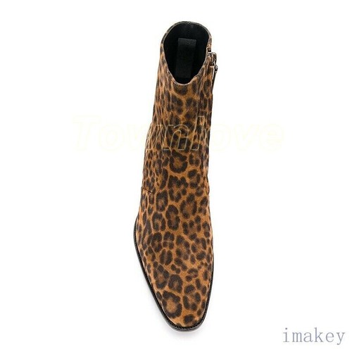 Mens Leopard Ankle Boot Block Heels Chelsea Leather Real Suede Shoes ...