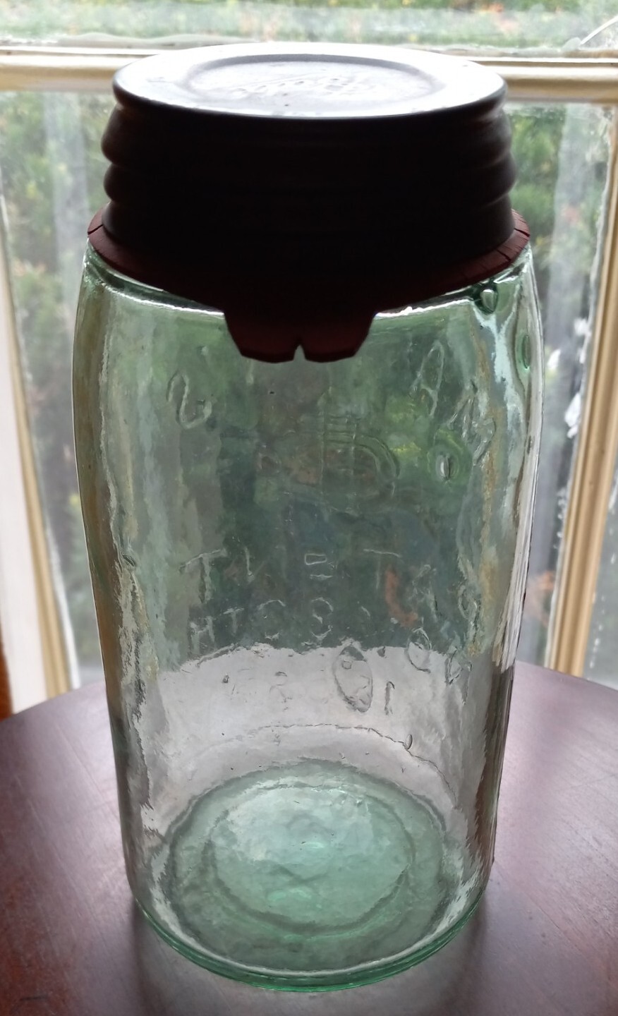 Antique MASON'S CFJ Co, Green Quart Fruit Jar, Ground Top, Slope ...