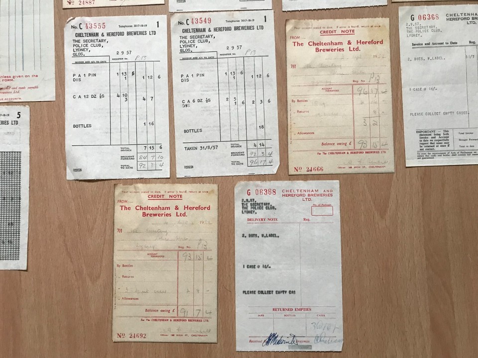 Vintage Cheltenham & Hereford Brewery invoices lot Lydney police ...
