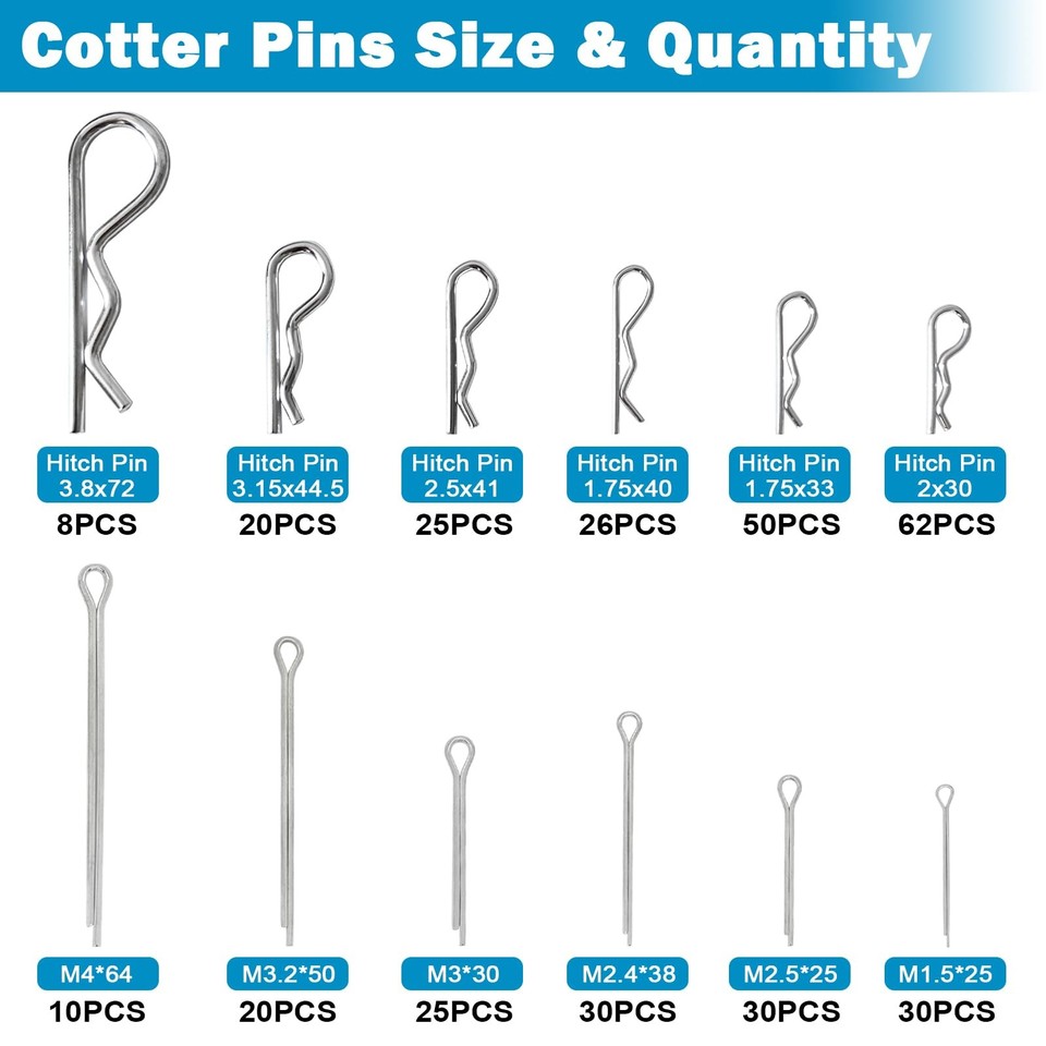 383 PCS Heavy Duty Pin Assortment Kit, Hitch Pins R Clip PIns/Hair Pins ...