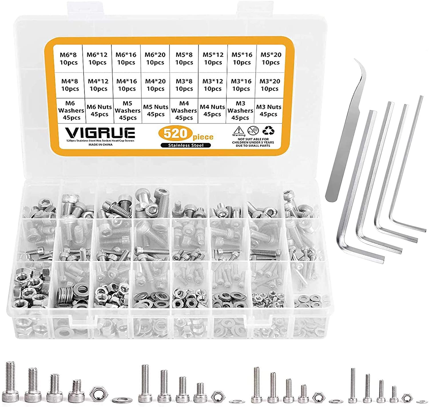 VIGRUE 304 Stainless Steel Screws and Nuts, M3 M4 M5 M6 Hex Socket Head ...